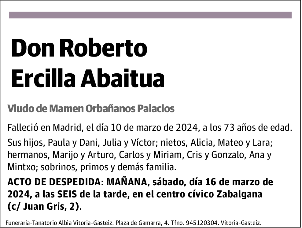 Roberto Ercilla Abaitua | Esquela | El Correo