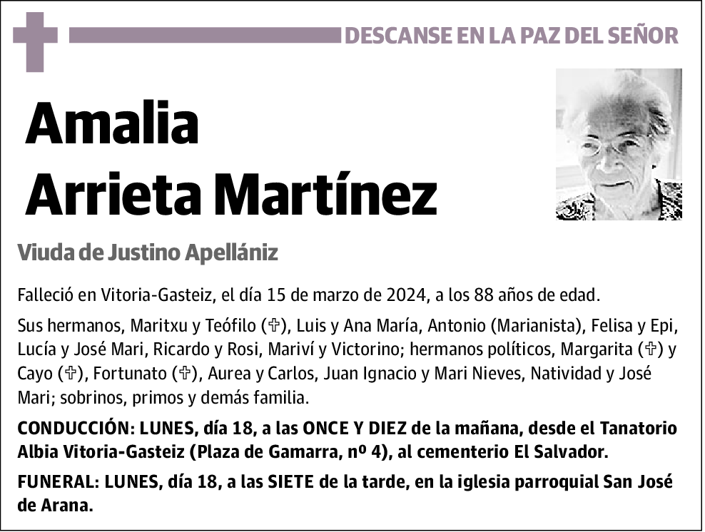 Amalia Arrieta Martínez | Esquela | El Correo