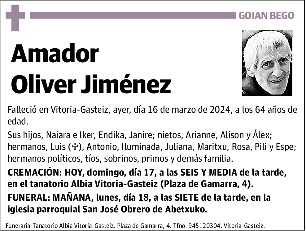 Amador Oliver Jiménez | Esquela | El Correo