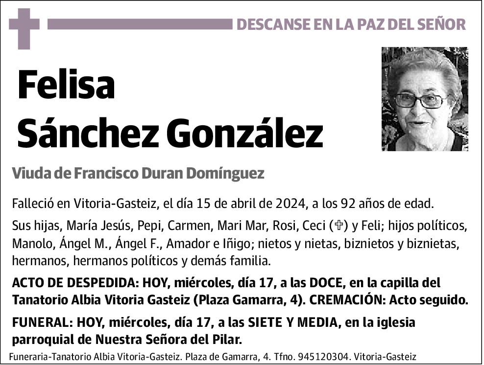 Felisa Sánchez González | Esquela | El Correo