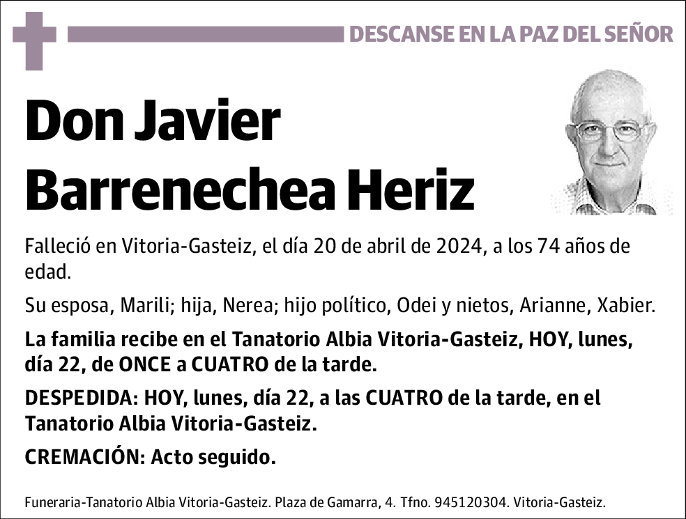 Javier Barrenechea Heriz | Esquela | El Correo
