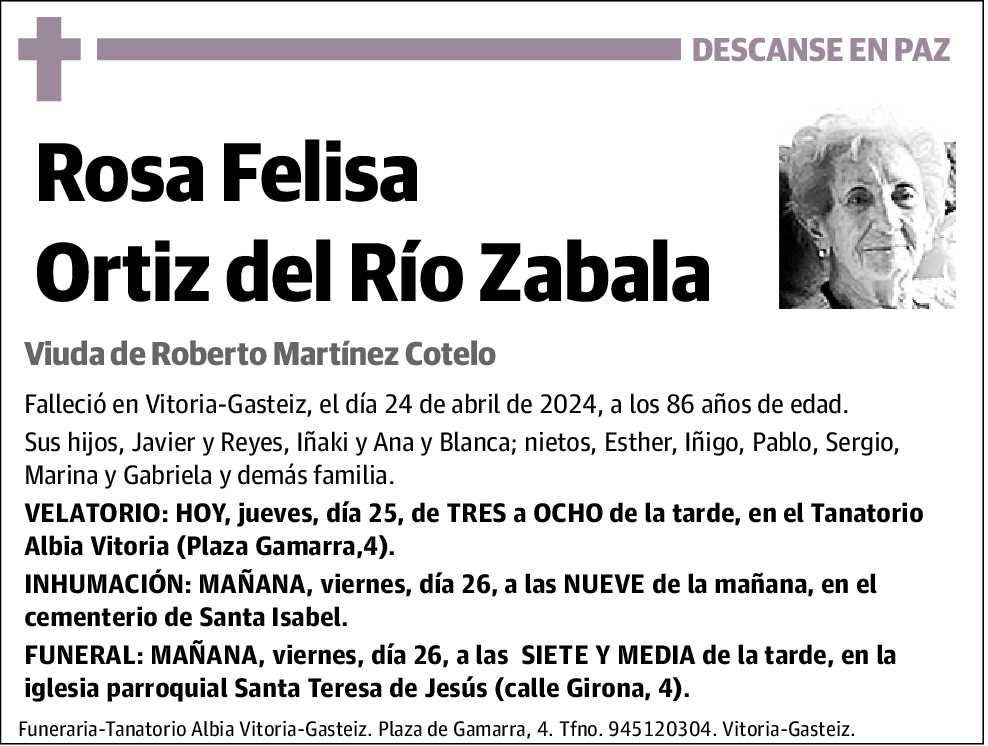 Rosa Felisa Ortiz del Rio Zabala | Esquela | El Correo