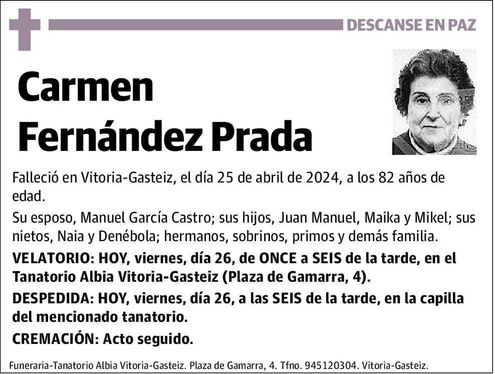 Carmen Fernández Prada | Esquela | El Correo