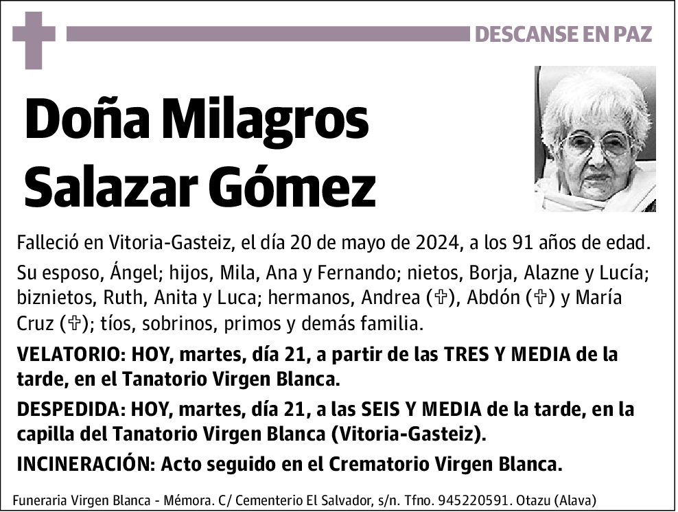 Milagros Salazar Gómez | Esquela | El Correo