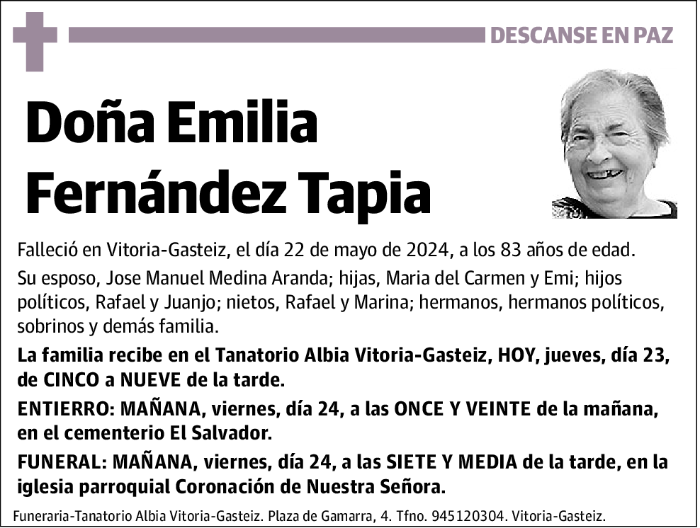Emilia Fernández Tapia | Esquela | El Correo