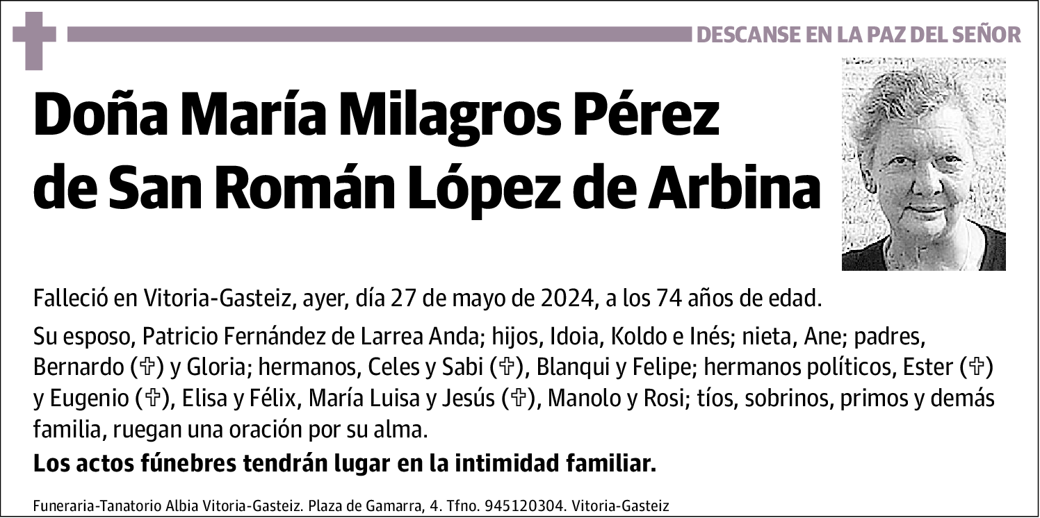 María Milagros Pérez de San Román López de Arbina | Esquela | El Correo