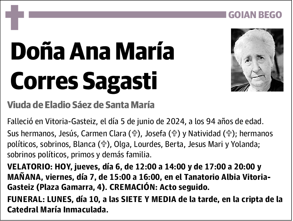 Ana María Corres Sagasti | Esquela | El Correo