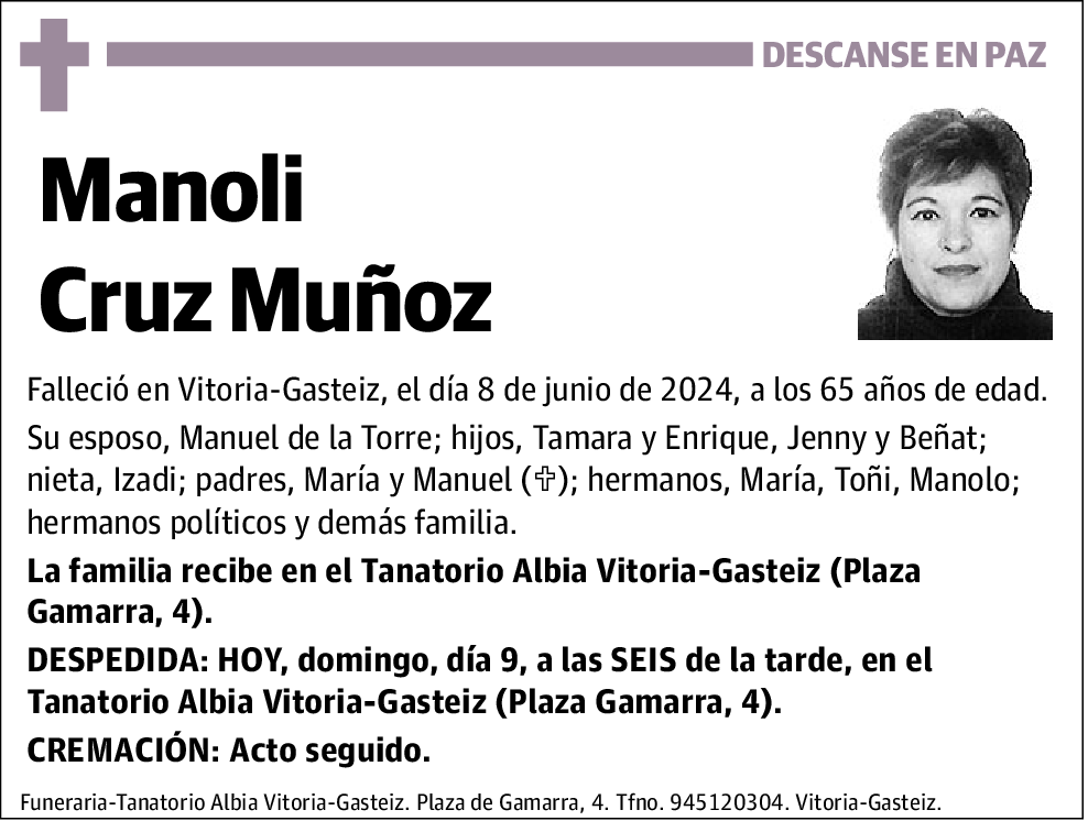 Manoli Cruz Muñoz | Esquela | El Correo