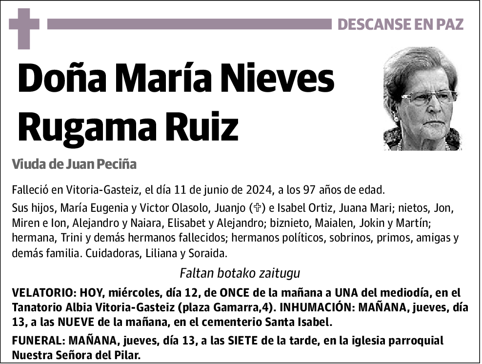 Maria Nieves Rugama Ruiz | Esquela | El Correo