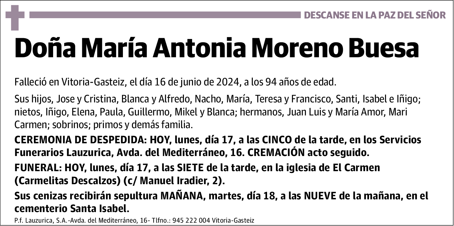 Maria Antonia Moreno Buesa | Esquela | El Correo