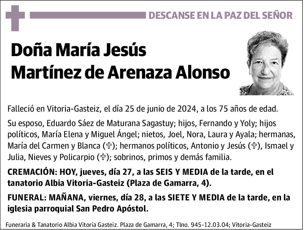 María Jesús Martínez de Arenaza Alonso | Esquela | El Correo