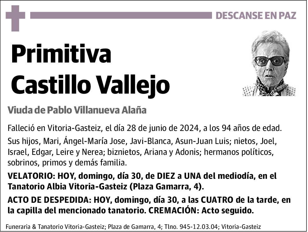 Primitiva Castillo Vallejo | Esquela | El Correo