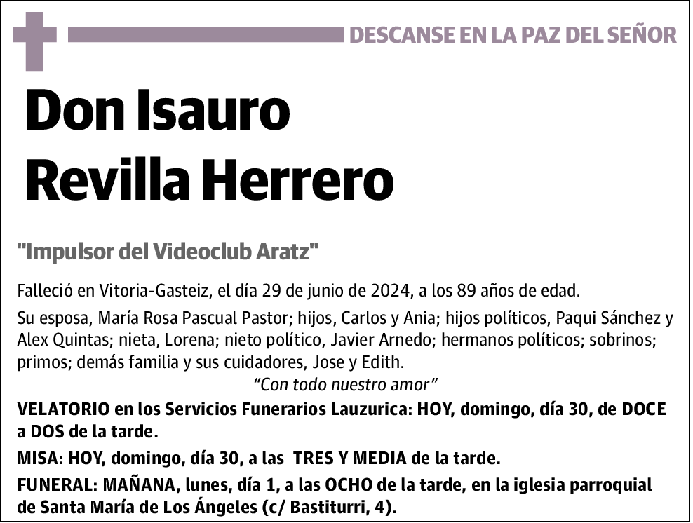 Isauro Revilla Herrero | Esquela | El Correo