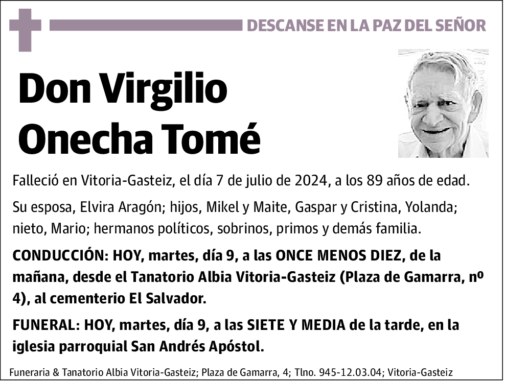 Virgilio Onecha Tomé | Esquela | El Correo