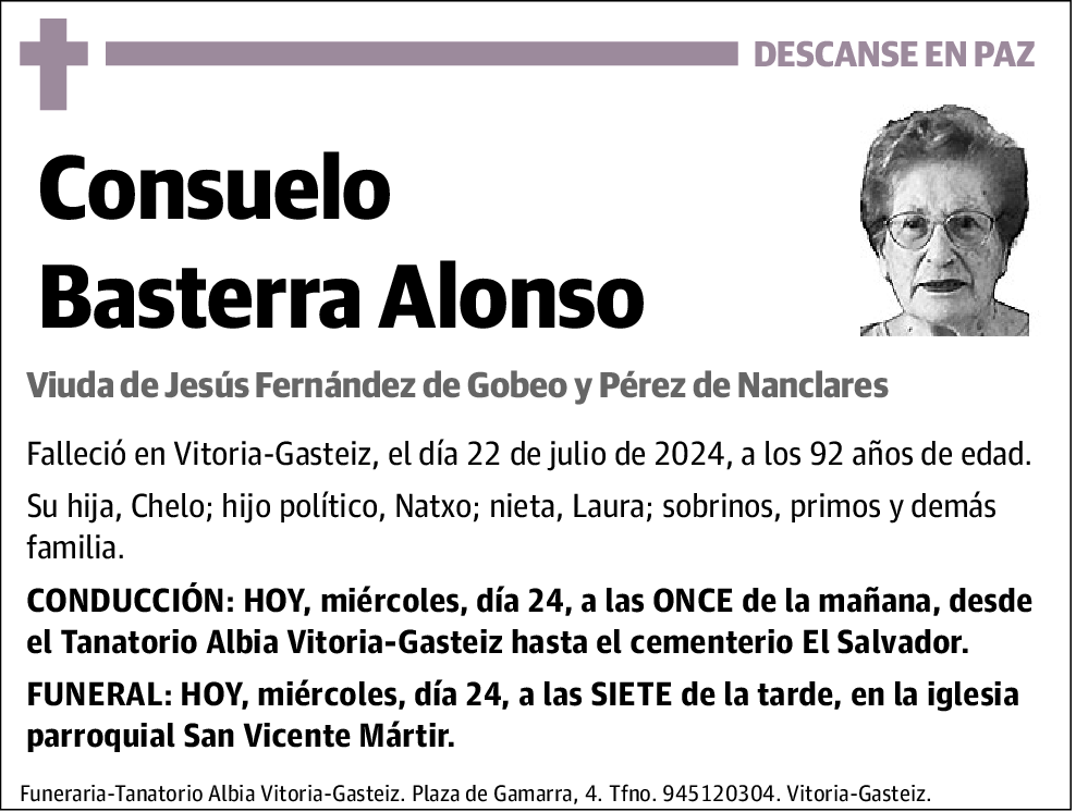 Consuelo Basterra Alonso | Esquela | El Correo