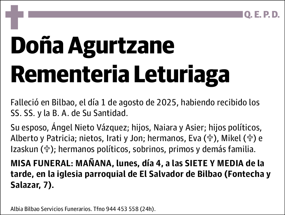 Miren Agurtzane Rementeria Leturiaga | Esquela | El Correo