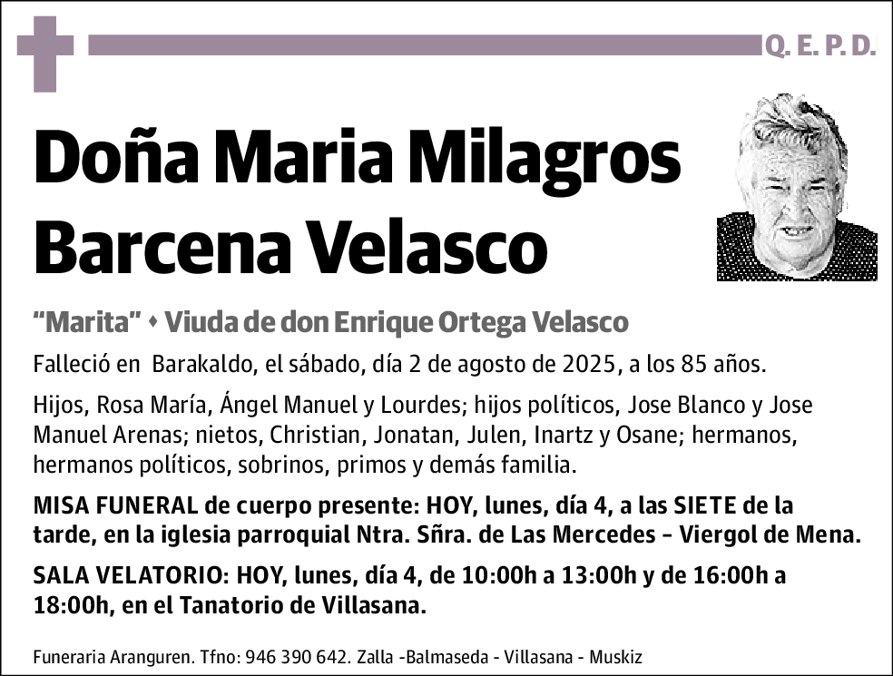 María Milagros Barcena Velasco | Esquela | El Correo
