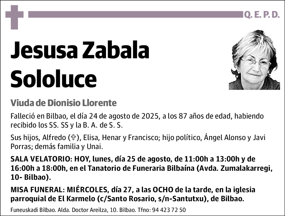 Jesusa Zabala Sololuce | Esquela | El Correo