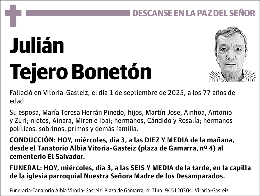 Julián Tejero Bonetón | Esquela | El Correo
