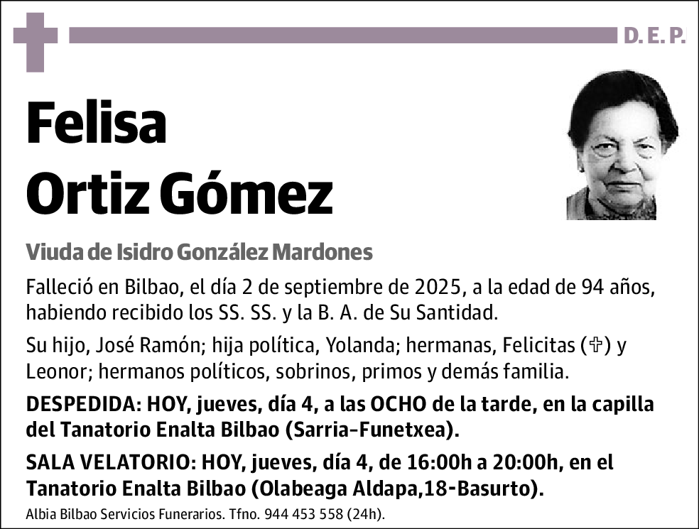 Felisa Ortiz Gómez | Esquela | El Correo