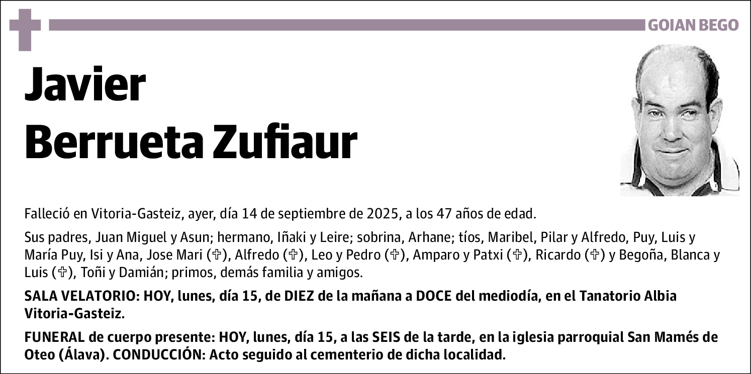 Javier Berrueta Zufiaur | Esquela | El Correo