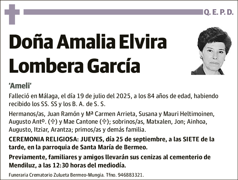 Amalia Elvira Lombera García | Esquela | El Correo