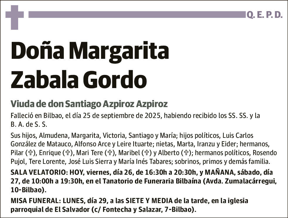 Margarita Zabala Gordo | Esquela | El Correo