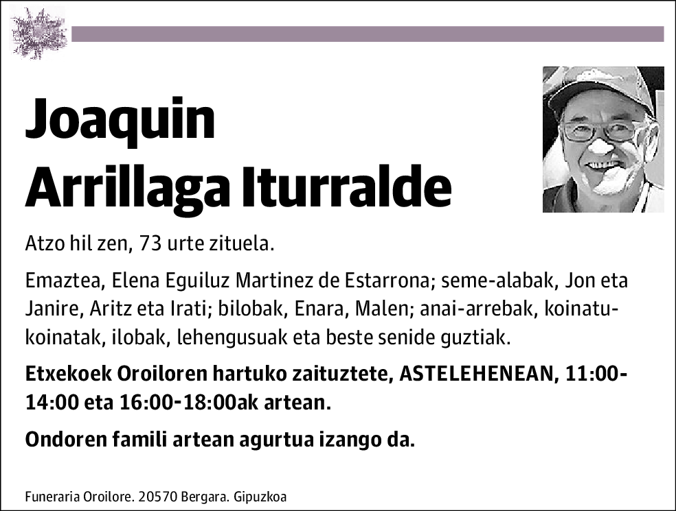 Joaquin Arrillaga Iturralde | Esquela | El Correo
