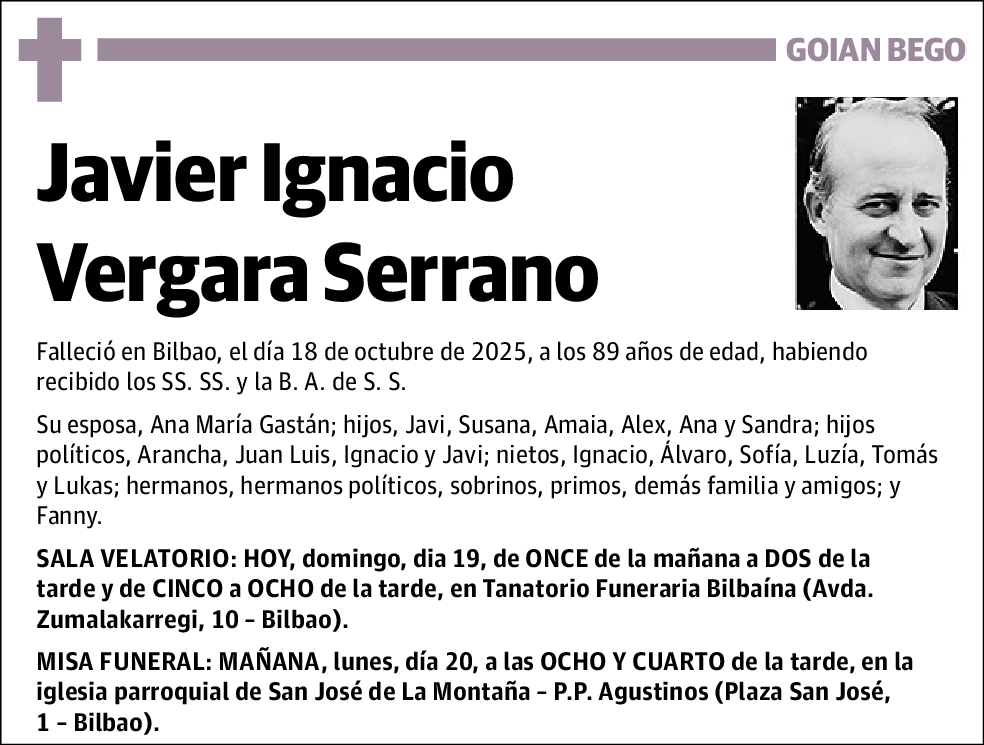 Javier Ignacio Vergara Serrano | Esquela | El Correo