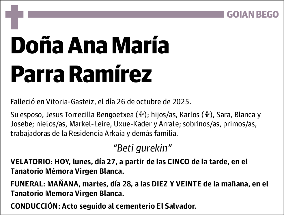 Ana María Parra Ramírez | Esquela | El Correo