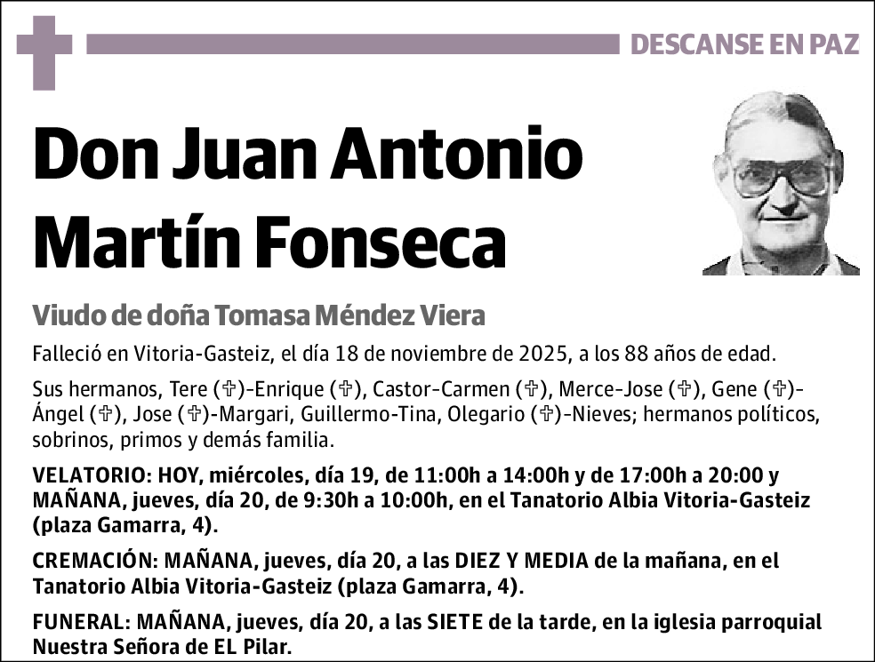 Juan Antonio Martín Fonseca | Esquela | El Correo