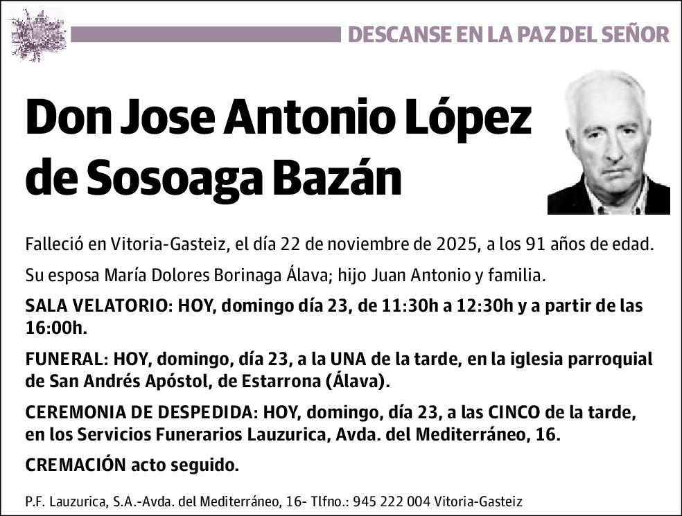 Jose Antonio López de Sosoaga Bazan | Esquela | El Correo