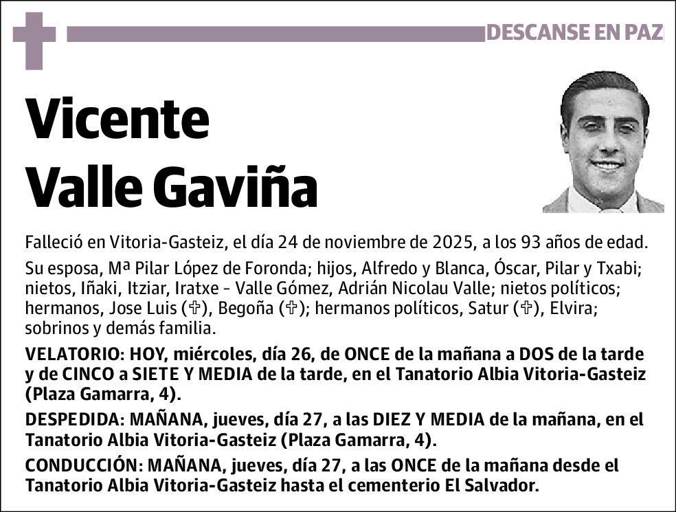 Vicente Valle Gaviña | Esquela | El Correo