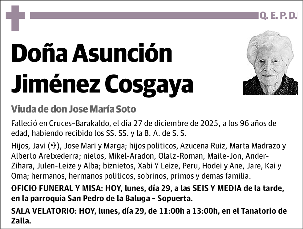 Asunción Jiménez Cosgaya | Esquela | El Correo