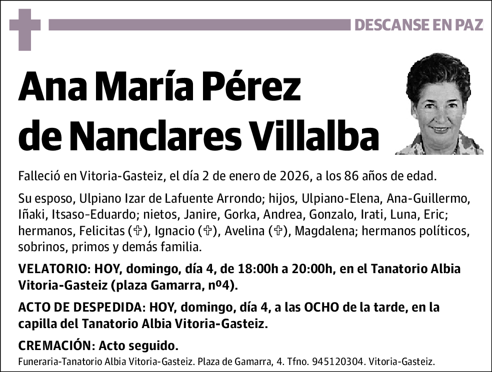 Ana María Pérez de Nanclares Villalba | Esquela | El Correo