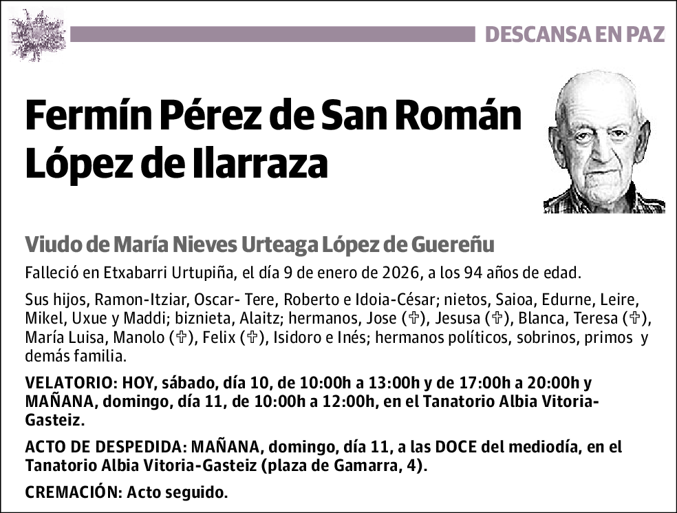 Fermín Pérez de San Román López de Ilarraza | Esquela | El Correo