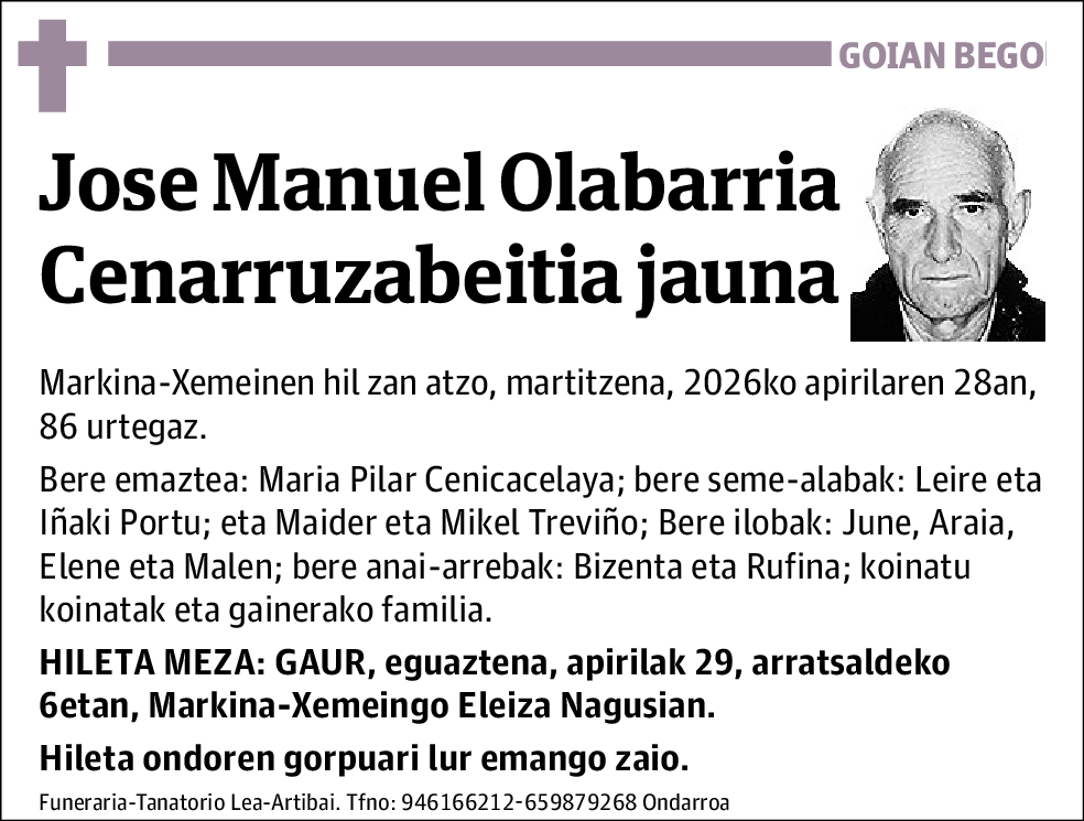 Jose Manuel Olabarria Cenarruzabeitia | Esquela | El Correo