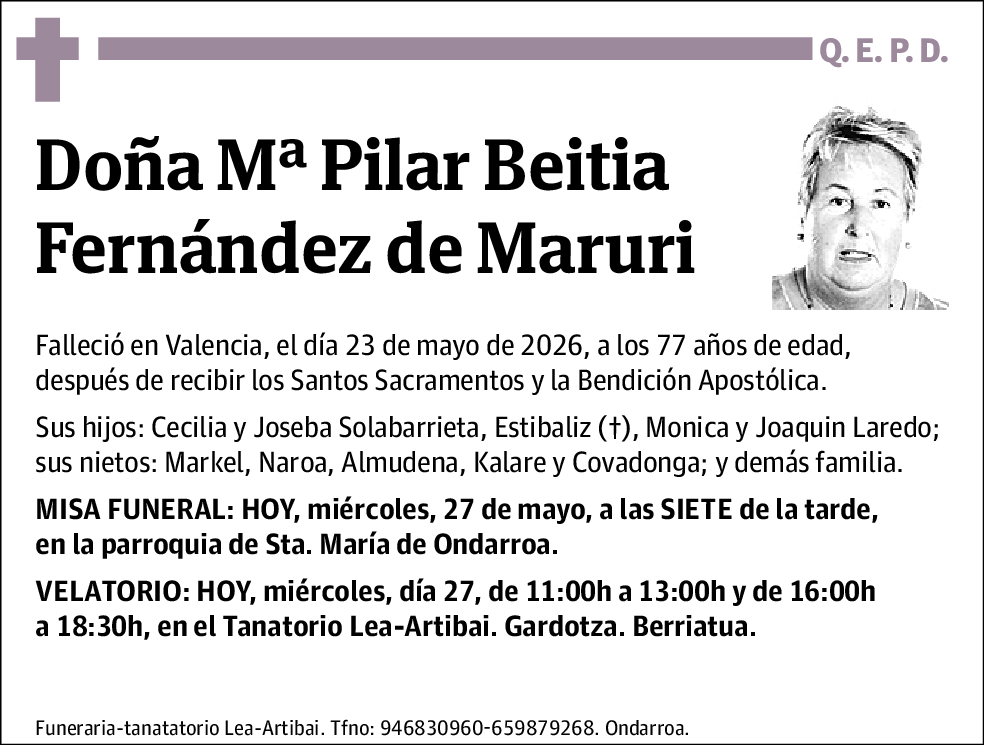 Mª Pilar Beitia Fernández de Maruri | Esquela | El Correo