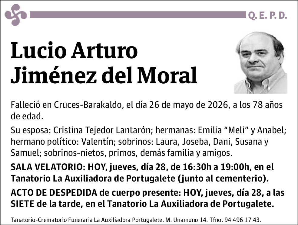 Lucio Arturo Jiménez del Moral | Esquela | El Correo