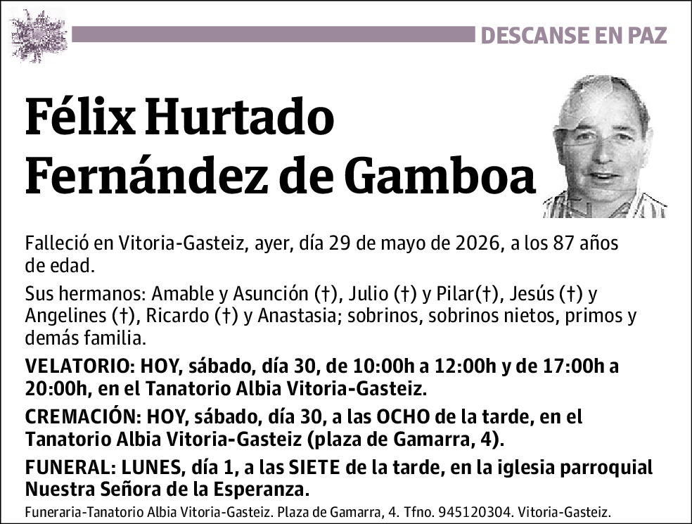 Félix Hurtado Fernández de Gamboa | Esquela | El Correo