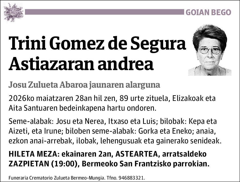 Trini Gomez de Segura Astiazaran | Esquela | El Correo
