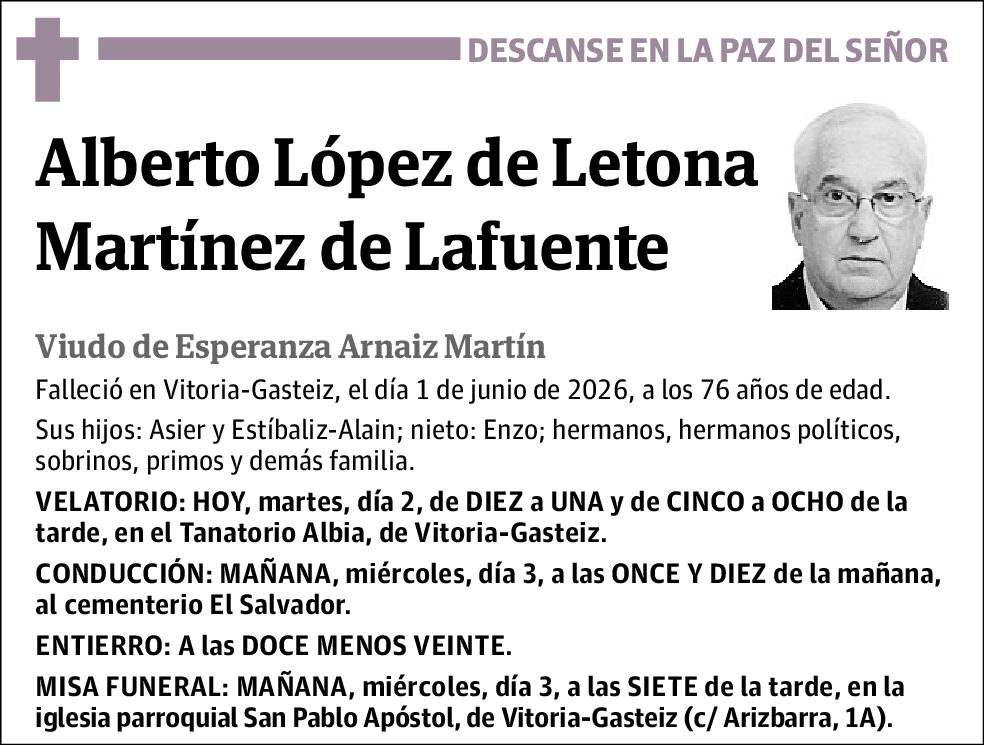 Alberto López de Letona Martínez de Lafuente | Esquela | El Correo