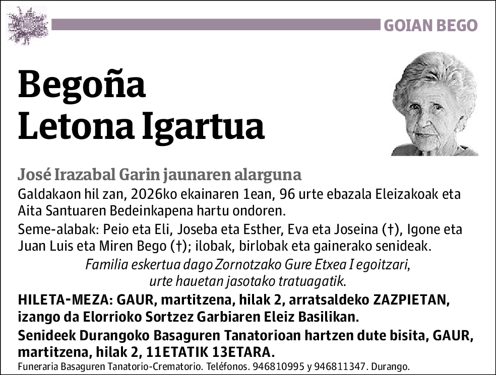 Begoña Letona Igartua | Esquela | El Correo