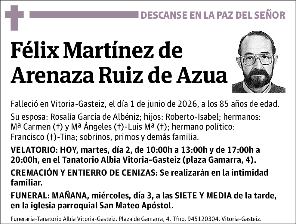 Félix Martínez de Arenaza Ruiz de Azua | Esquela | El Correo