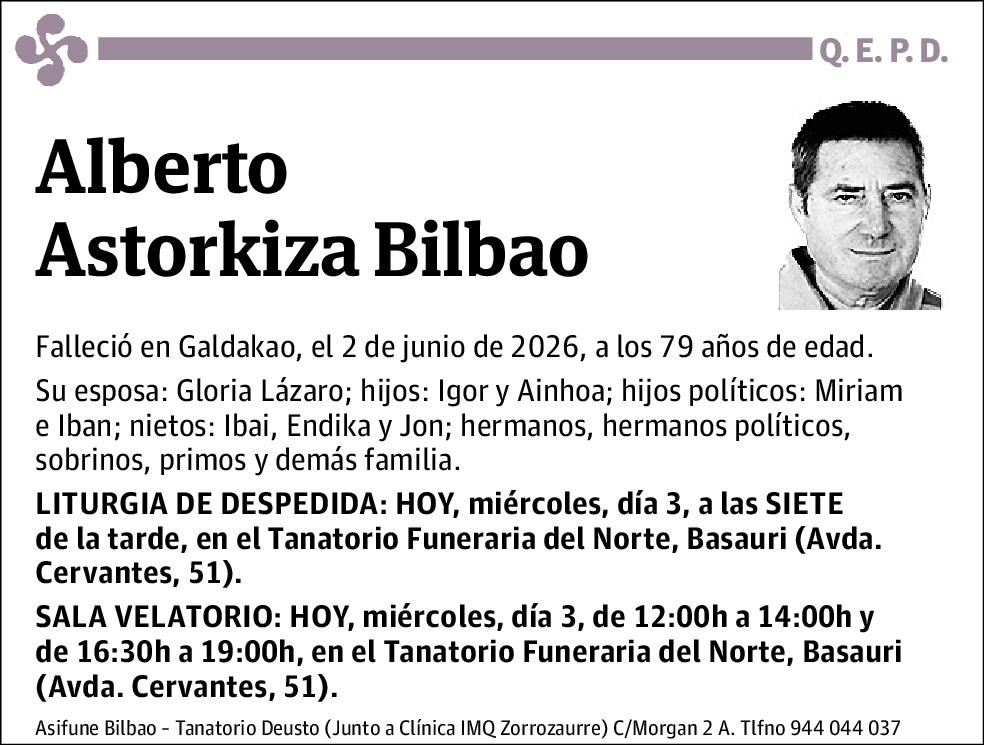 Alberto Astorkiza Bilbao | Esquela | El Correo