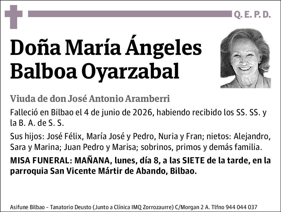María Ángeles Balboa Oyarzabal | Esquela | El Correo