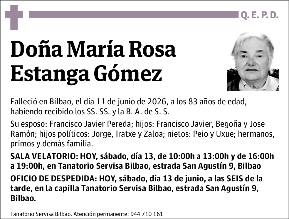 María Rosa Estanga Gómez | Esquela | El Correo